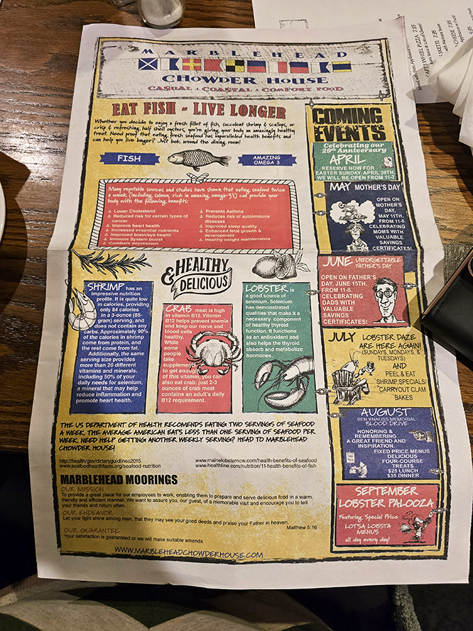 This isn't just a menu&mdash;it's a seafood manifesto complete with nautical flags and the bold declaration that fish consumption might just extend your lifespan.