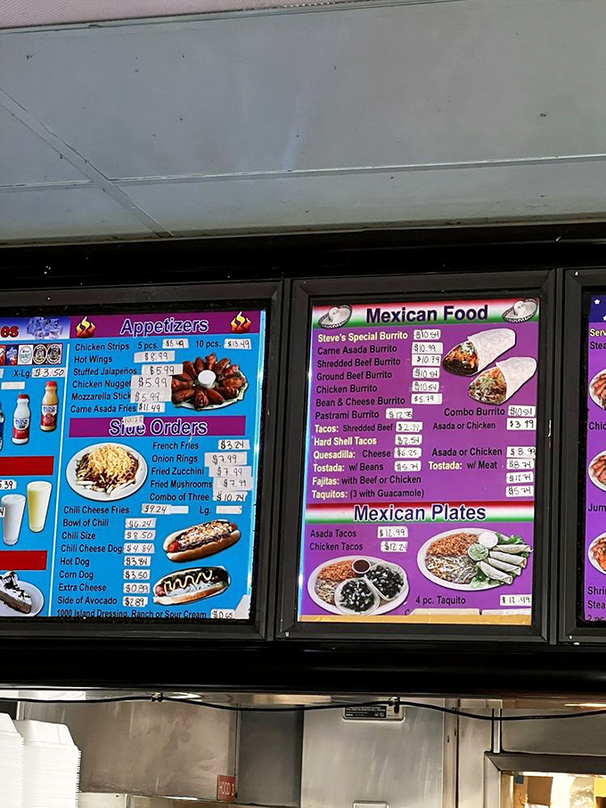 The menu board&mdash;a colorful roadmap to culinary bliss. Mexican specialties share space with classic American fare, proving diversity tastes delicious.