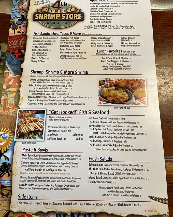 A menu that reads like a love letter to seafood. The "Get Hooked" section isn't just clever marketing—it's a promise they deliver on.