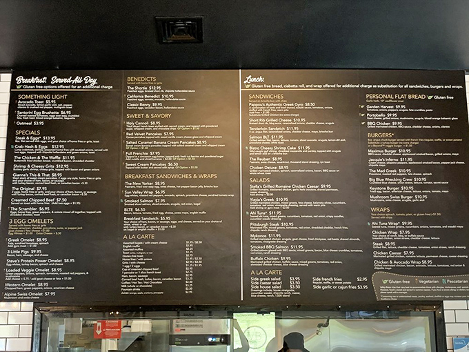 A menu board that demands strategic planning: breakfast all day means life's important decisions now include "pancakes or gyro?"