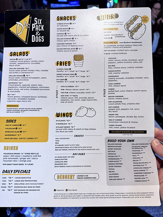 This menu isn't just a list—it's a roadmap to happiness. From Chicago dogs to the "Angry Dog," it's like a United Nations of frankfurter diplomacy.
