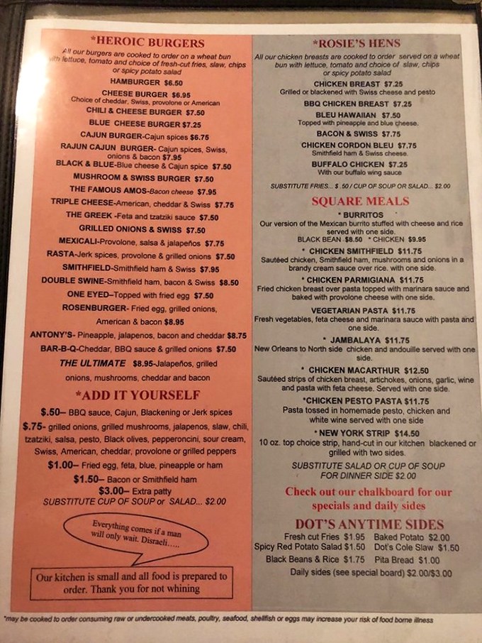 This menu isn't just food options&mdash;it's a roadmap to happiness. The "Heroic Burgers" section alone deserves its own documentary series.