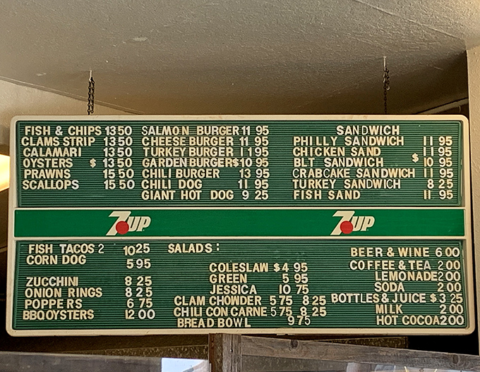 This no-nonsense menu board tells you everything you need to know. Fish & chips, clam strips, and chowder – the holy trinity of coastal dining.