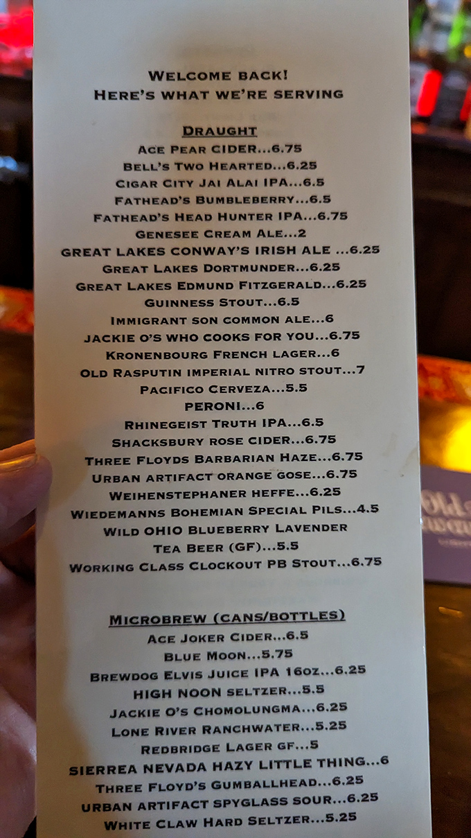 The beer menu reads like a love letter to craft brewing. From local Ohio favorites to international classics, there's liquid happiness for every palate.