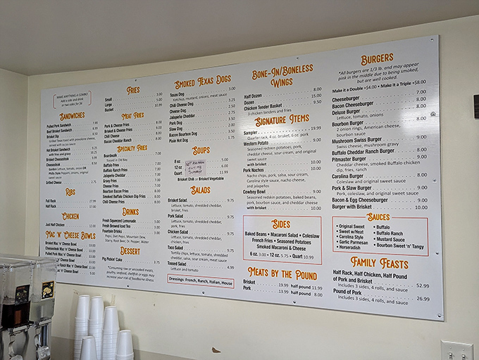 A menu board that reads like a love letter to smoked meats. Decision paralysis has never been so delicious.