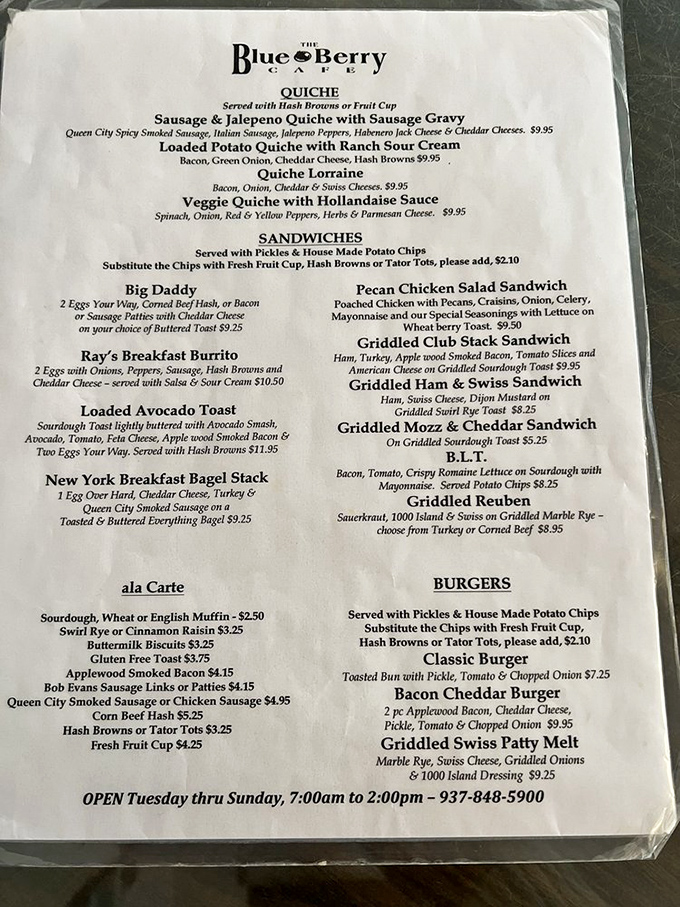 This menu isn't just a list - it's a roadmap to breakfast nirvana with detours through quiche country and sandwich paradise.