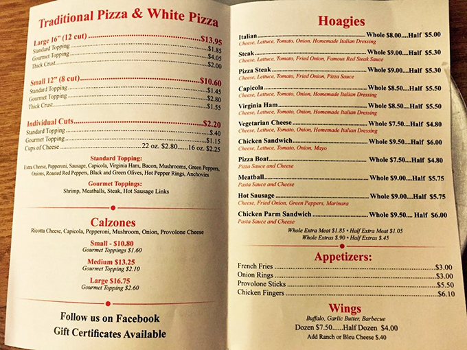 A menu that doesn't need fancy fonts or flowery descriptions&mdash;just the straightforward promise of pizza, calzones, and hoagies that speak for themselves.