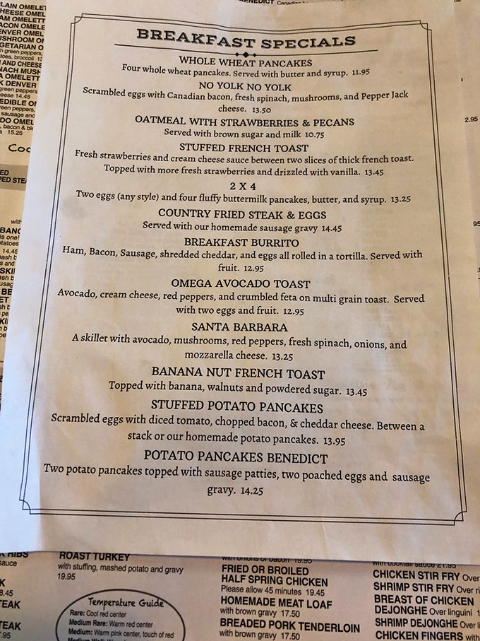 A menu that reads like comfort food poetry. Each breakfast special is a morning sonnet waiting to be savored.