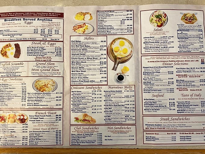 This menu isn't just laminated paper—it's a roadmap to happiness with breakfast served anytime, because pancakes at 3pm is sometimes the only rational response to life.