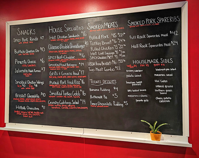 The chalkboard menu reads like a love letter to smoked meats. Decision paralysis has never been so delicious.