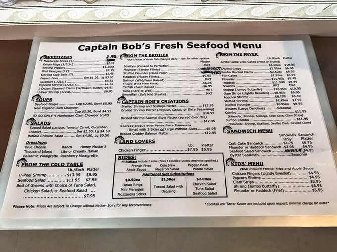 The menu at Captain Bob's reads like a love letter to seafood enthusiasts. So many options, so little stomach capacity &ndash; the eternal diner's dilemma.