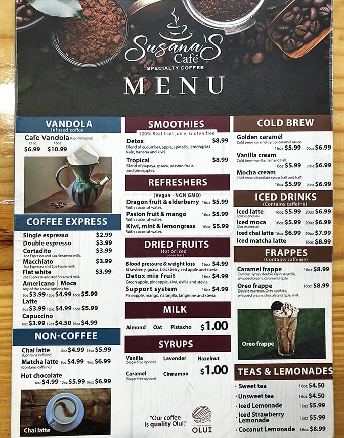 This menu isn't just a list of options&mdash;it's a roadmap to caffeinated bliss. The dried fruit section is clearly for those pretending to be healthy.