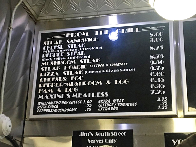 The menu board at Jim's speaks a simple truth: in Philadelphia, cheesesteak options aren't complicated, but they're absolutely sacred.