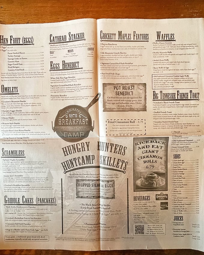 This isn't just a menu&mdash;it's a treasure map to breakfast nirvana, with sections like "Hen Fruit" and "Cathead Stackers" promising culinary gold.