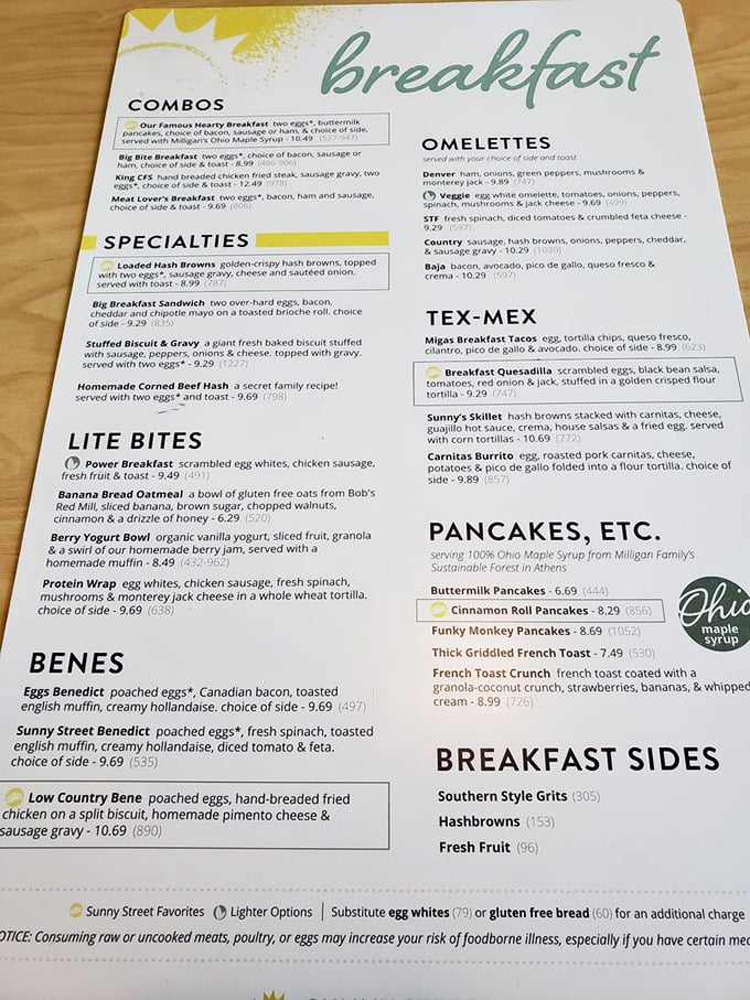 A menu that reads like breakfast poetry&mdash;notice those legendary cinnamon roll pancakes hiding in plain sight among equally tempting neighbors.