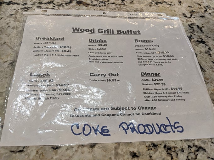 The menu board reveals the sacred schedule of feasting opportunities. Breakfast, lunch, dinner—why choose just one?