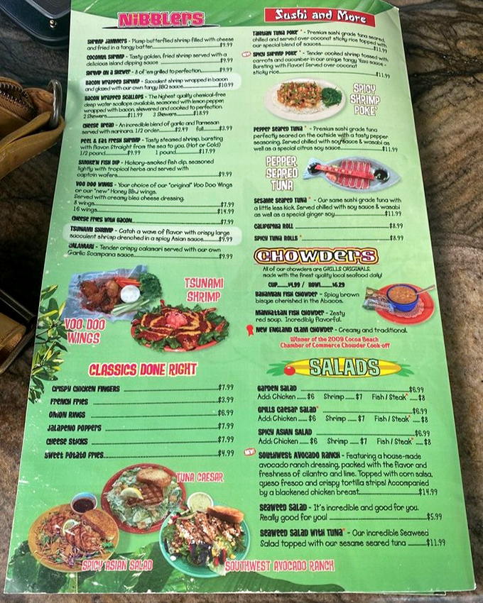 A menu that reads like a love letter to seafood enthusiasts. The "Tsunami Shrimp" and "Voo Doo Wings" aren't just dishes—they're experiences.