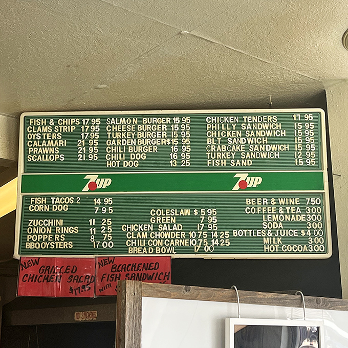 This menu board isn't trying to impress anyone with fancy fonts&mdash;it's too busy listing seafood treasures that would make Neptune himself place a to-go order.