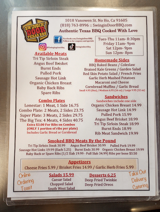 This menu isn't just a list—it's a roadmap to carnivore paradise. The Big Tex combo isn't for the faint of heart (or small of stomach).