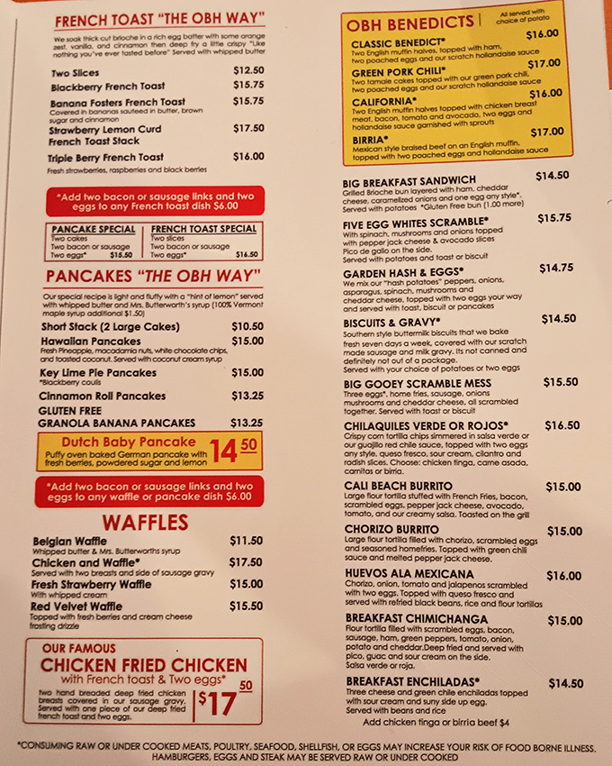 The menu reads like a love letter to breakfast enthusiasts. French toast "the OBH way" isn't just a meal&mdash;it's a morning manifesto.