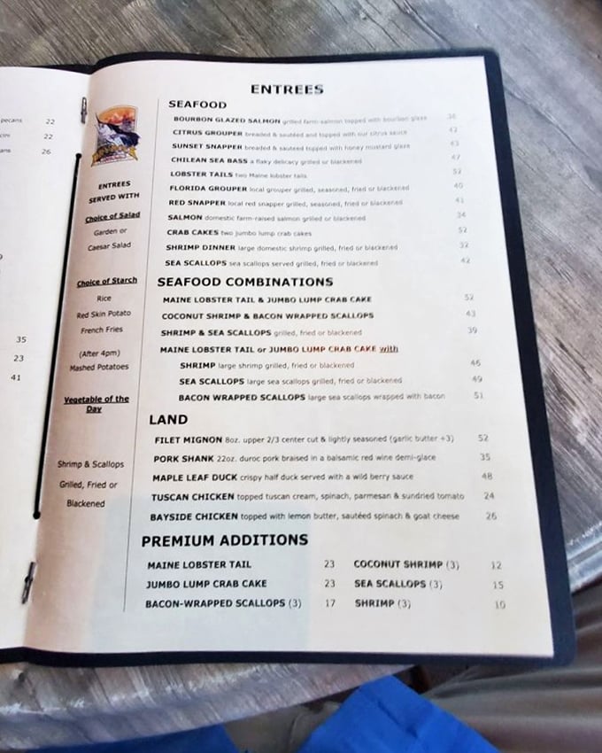 This menu isn't just a list&mdash;it's a maritime treasure map where X marks the spot for Maine lobster tails and bacon-wrapped scallops.