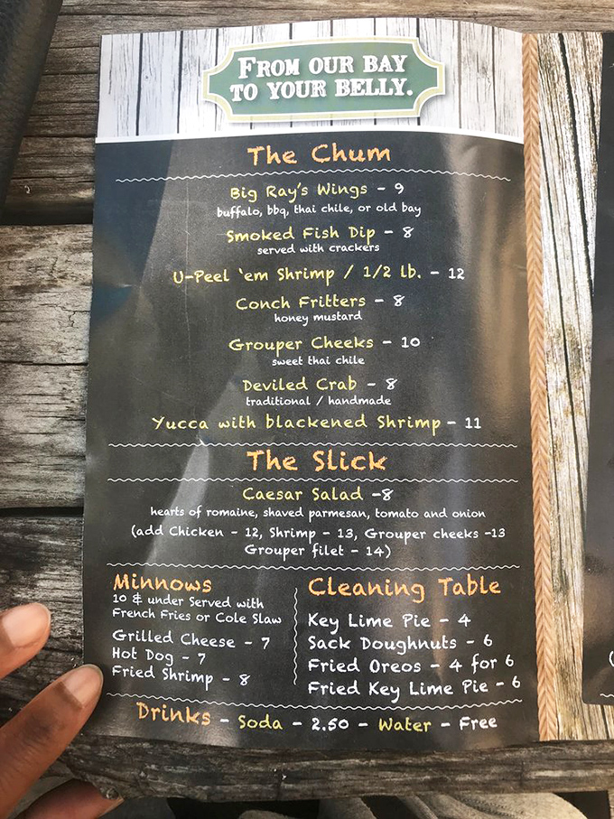 From "The Chum" to "The Slick," this menu reads like a love letter to Gulf seafood written with a fisherman's honest hand.