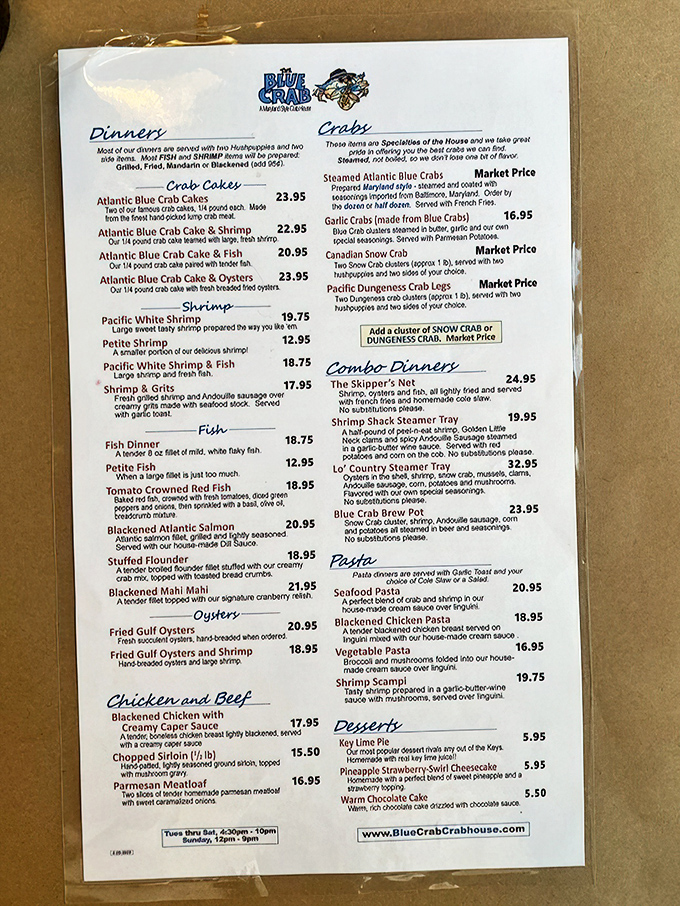 The menu reads like a love letter to the ocean, with Atlantic blue crabs taking center stage in multiple delicious incarnations.