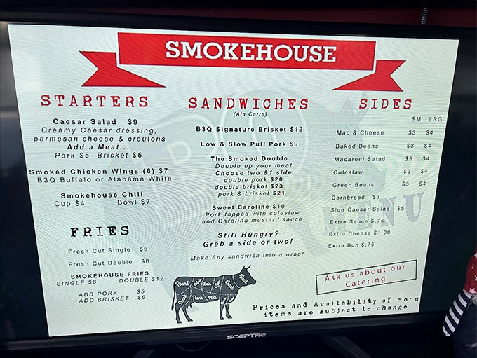 A menu that gets straight to the point: meat, sides, and nothing you don't need. The cow diagram at the bottom is both educational and a delicious warning.