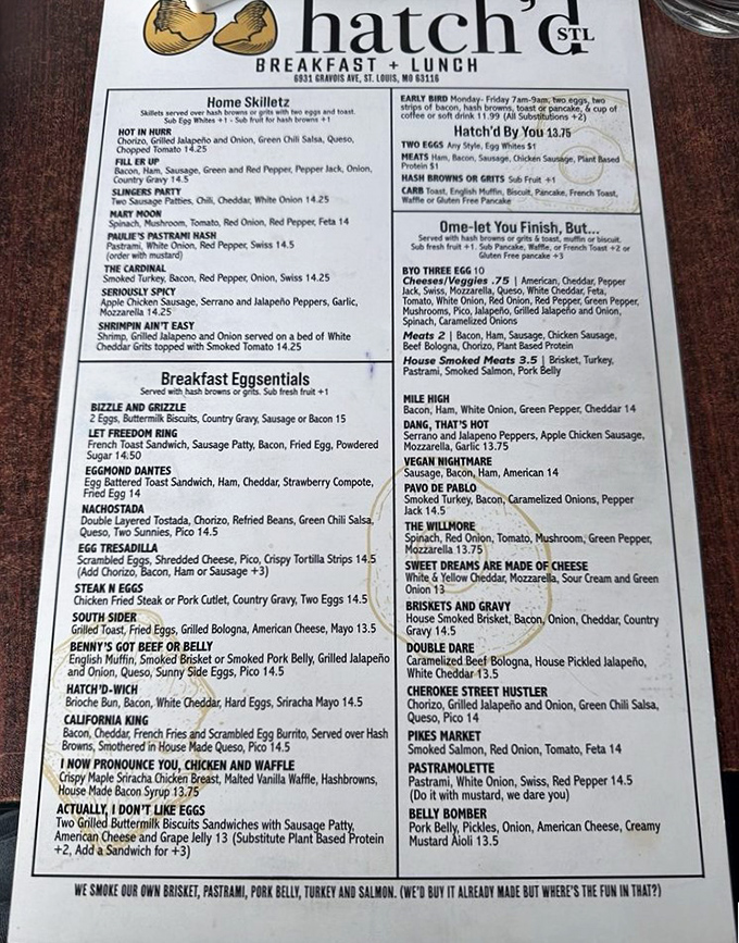 A menu that reads like a love letter to breakfast, with dish names that'll make you chuckle before you've had your first sip of coffee.