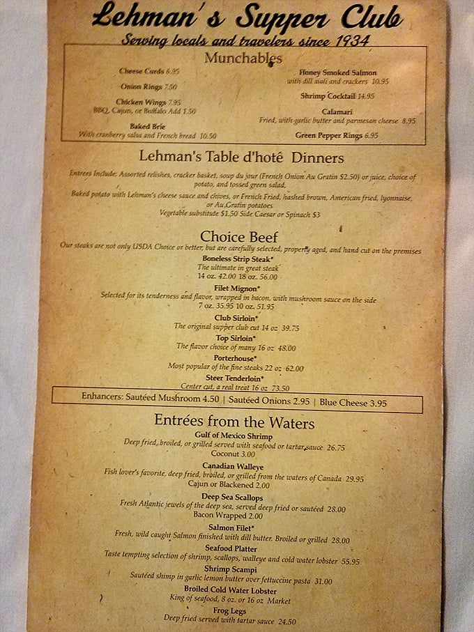 This yellowed menu isn't vintage marketing &ndash; it's the real deal, a passport to Wisconsin's culinary traditions where steaks and seafood reign supreme.