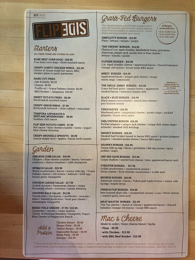 This menu isn't just a list&mdash;it's a roadmap to burger nirvana. The Uncle Jimmy with peanut butter? Trust me on this one. 