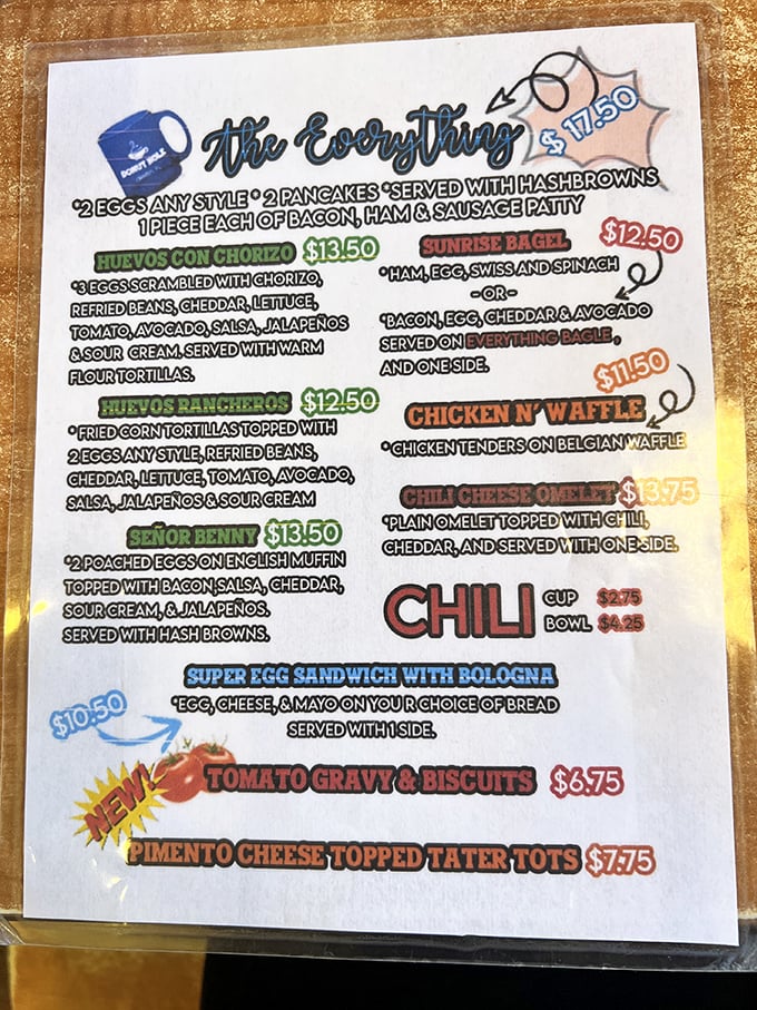 "The Everything" isn't just a menu item &ndash; it's a life philosophy. Two eggs, two pancakes, and a protein trifecta? Challenge accepted.