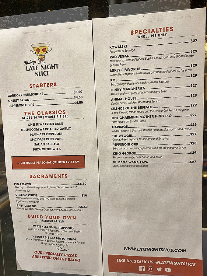 The menu reads like a love letter to pizza enthusiasts, with names that make you chuckle while your stomach growls in anticipation.