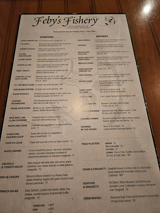 A menu that reads like a love letter to the Chesapeake, featuring everything from crab imperial to lobster.