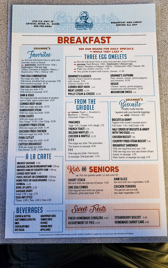 This menu isn't trying to reinvent breakfast&mdash;it's preserving it with the reverence it deserves. The separate biscuit section tells you everything about their priorities.