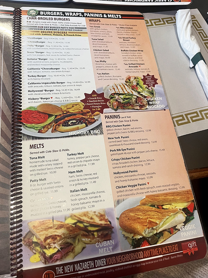 A menu that requires both hands and serious contemplation. The spiral-bound tome of temptation offers everything from burgers to melts to impossibly good paninis.
