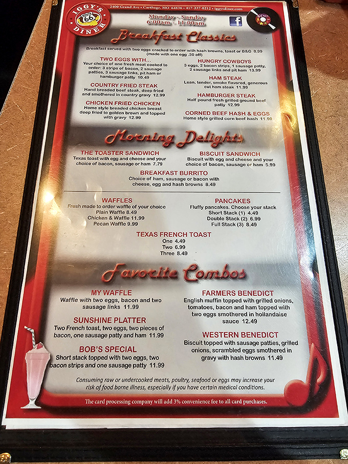The menu reads like a love letter to American comfort food classics. Breakfast all day? That's not a meal, that's a lifestyle choice!