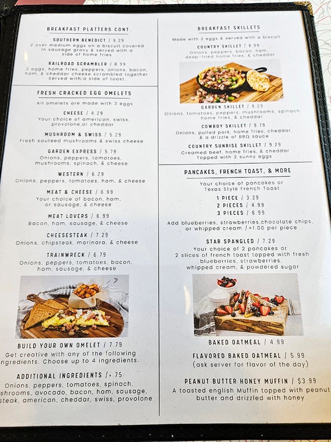 This menu reads like a breakfast lover's dream, offering everything from classic comfort to creative combinations.