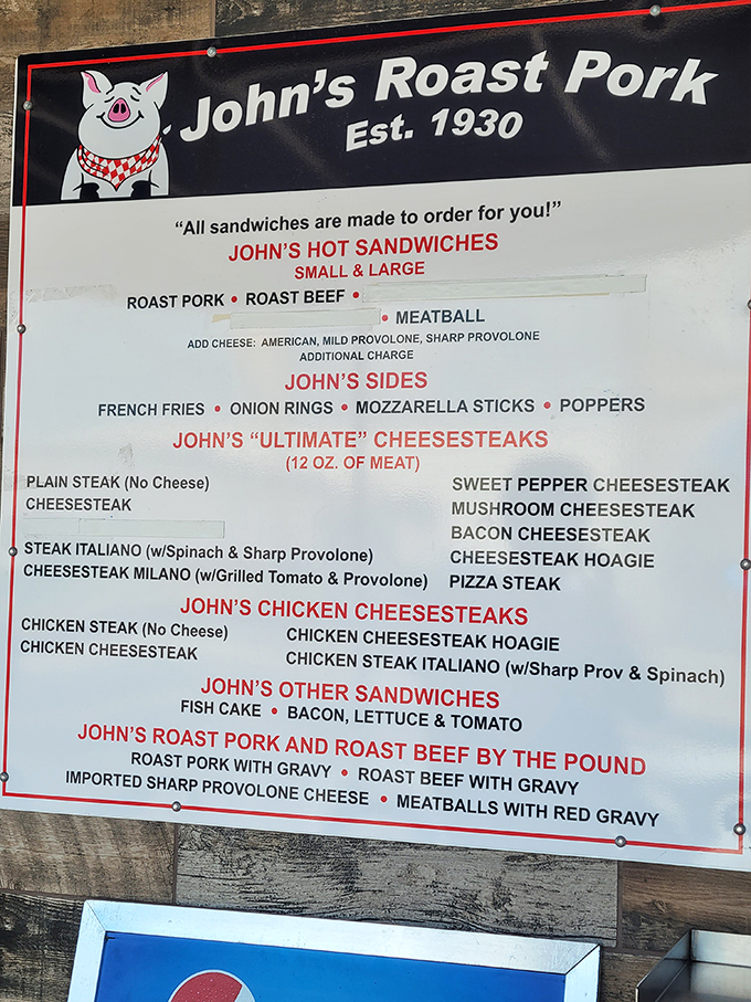 This menu isn't just a list&mdash;it's a roadmap to happiness. The cartoon pig knows what you're in for, and he's smiling for good reason.