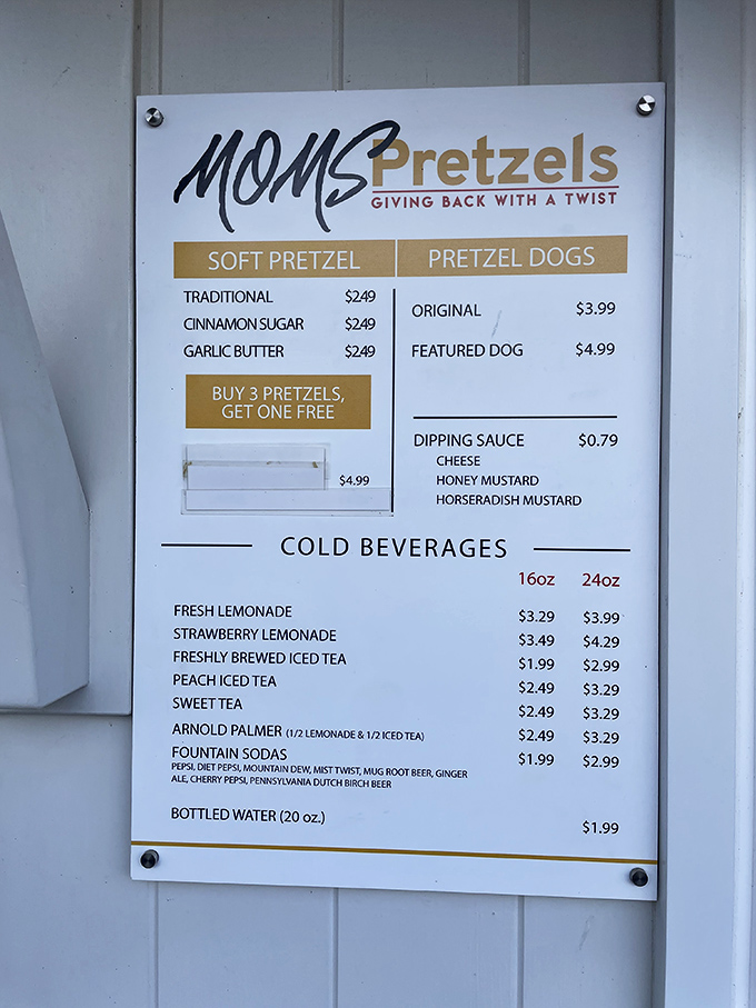 Mom's Pretzels menu board reveals the true Pennsylvania hierarchy: first comes pretzel perfection, then everything else in life.