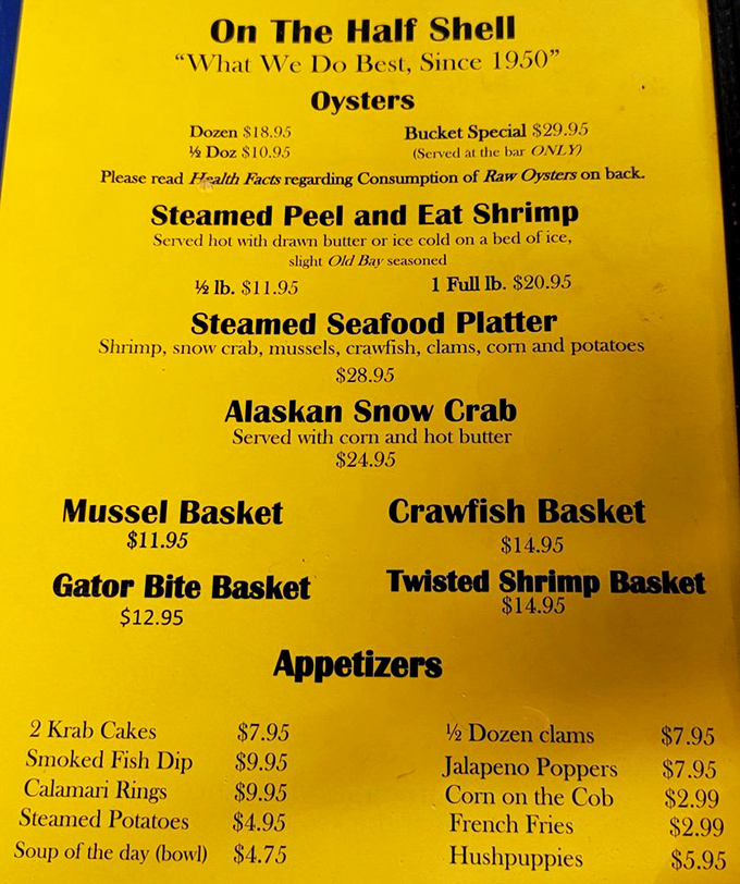 This menu isn't trying to impress you with fancy fonts&mdash;it's saving all that energy for what really matters: seafood that makes you forget your table manners.