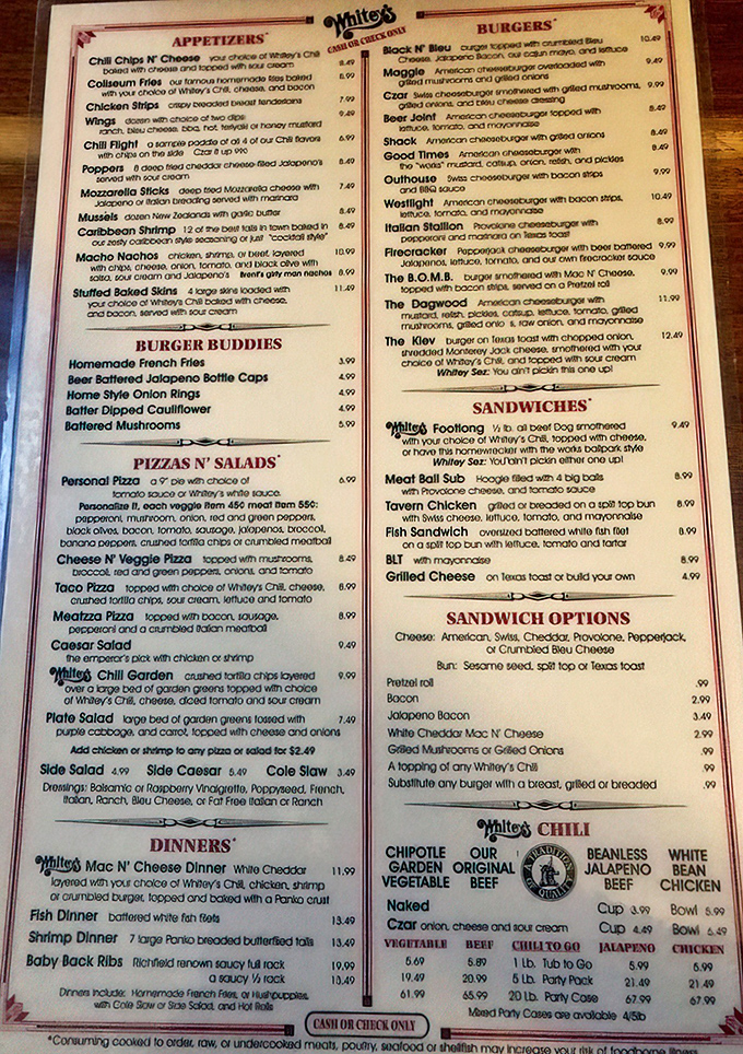 The menu at Whitey's reads like a love letter to American comfort food&mdash;each item promising a delicious commitment to your taste buds.