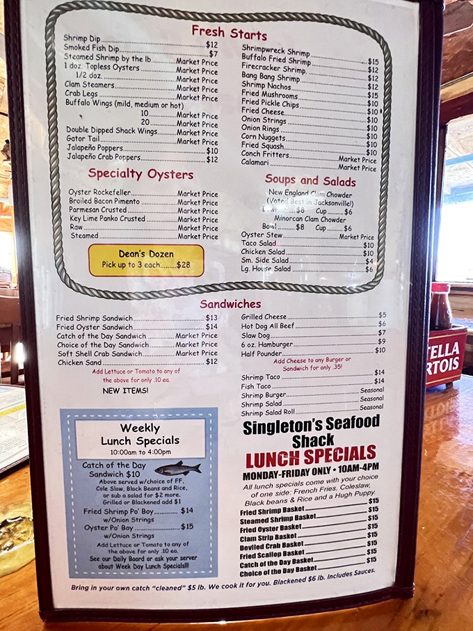 This menu isn't just a list&mdash;it's a maritime treasure map. Dean's Dozen oysters and "bring your own catch" options? Now that's Florida hospitality.