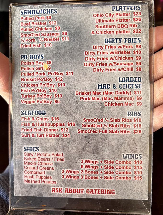 This menu reads like poetry to carnivores&mdash;brisket, pulled pork, and those legendary "Dirty Fries" that might just change your relationship status with potatoes.