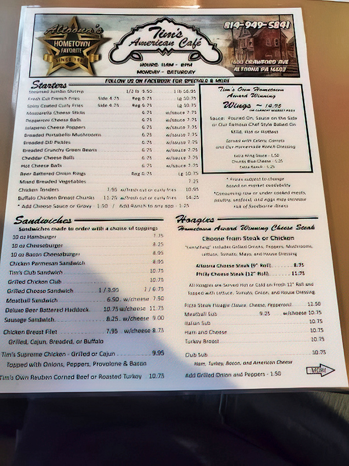 A menu that reads like a love letter to American comfort food classics, with the cheesesteaks and wings clearly stealing the spotlight.