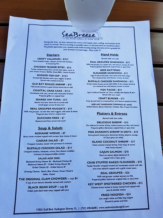 A menu that reads like a love letter to Gulf seafood, with the Island Coconut Shrimp practically winking at you from the entr&eacute;e section.