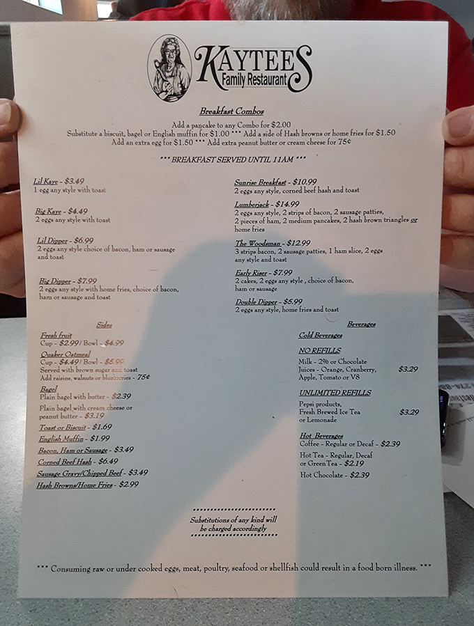 The breakfast menu reads like a love letter to morning hunger—just look at that "Lumberjack" combo!