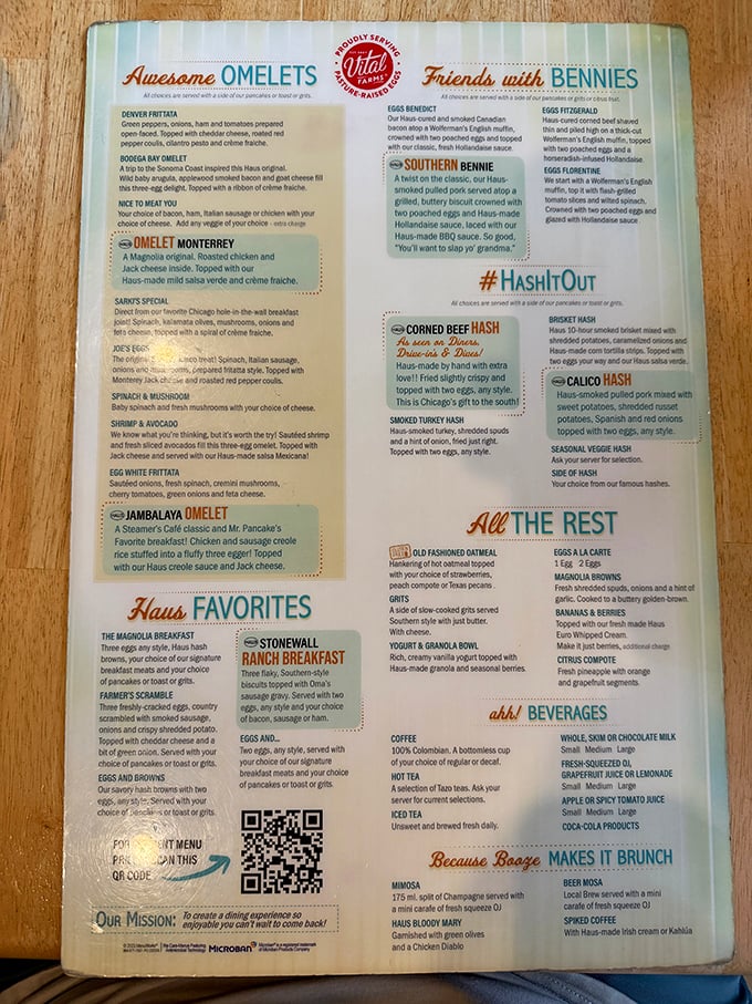 This menu isn't just a list of options—it's a roadmap to breakfast nirvana with "Awesome Omelets" and "Friends with Bennies."