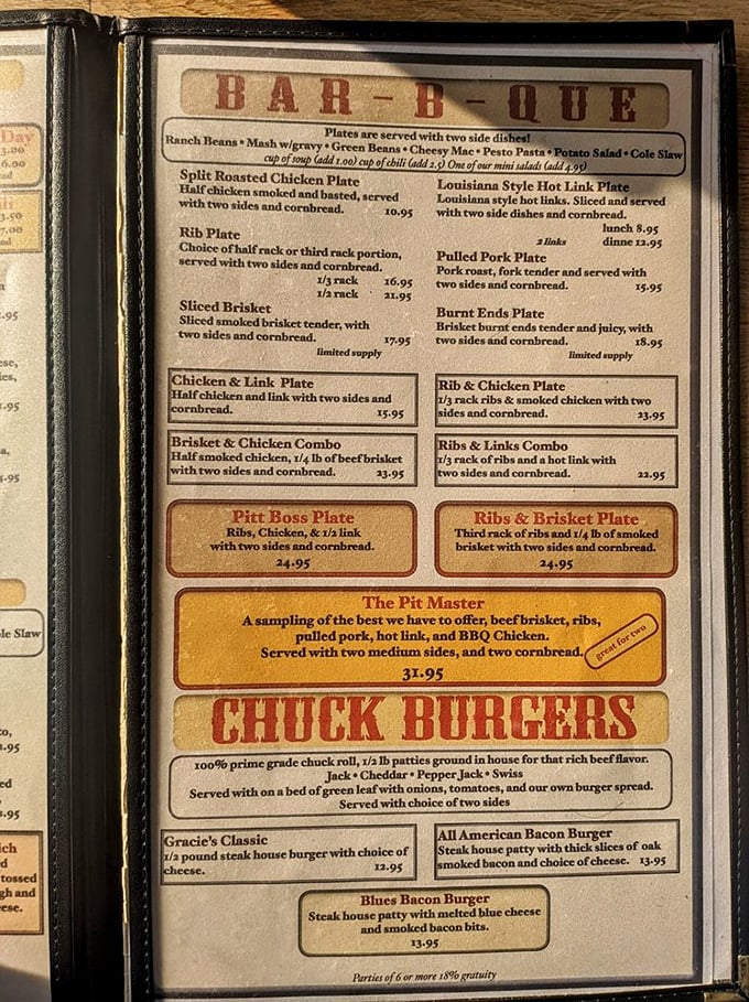 This menu reads like a love letter to your arteries, but sometimes you just have to live dangerously.