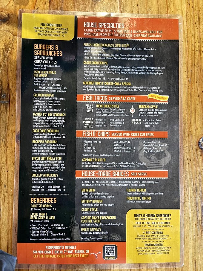 A menu that reads like seafood poetry. The only difficult choice is deciding whether to order one of everything or two.